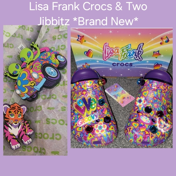 CROCS | Shoes | Lisa Frank Crocs Purple Multi M5 W7 2 Bonus Jibbitz ...